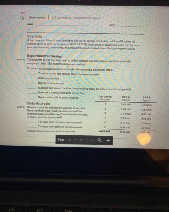 Solved UNIT 1 Kinematics 1.C Average vs. Instantaneous Speed | Chegg.com