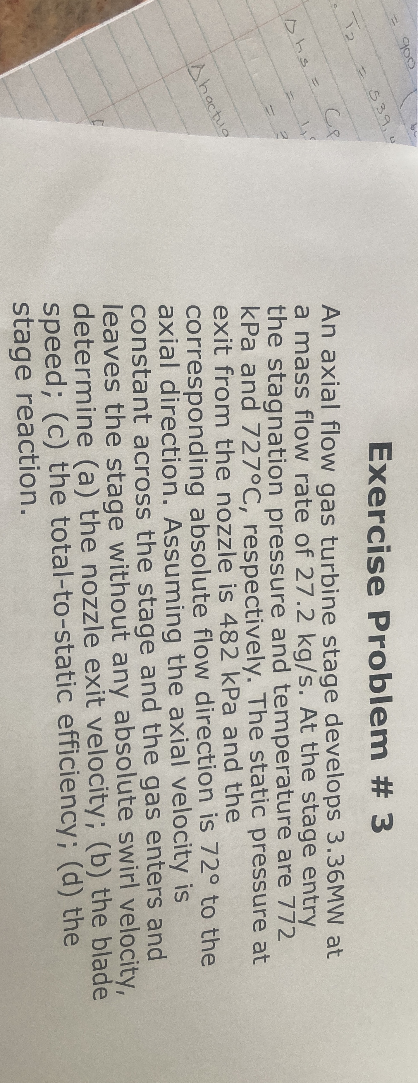 Solved Exercise Problem # 3An axial flow gas turbine stage | Chegg.com