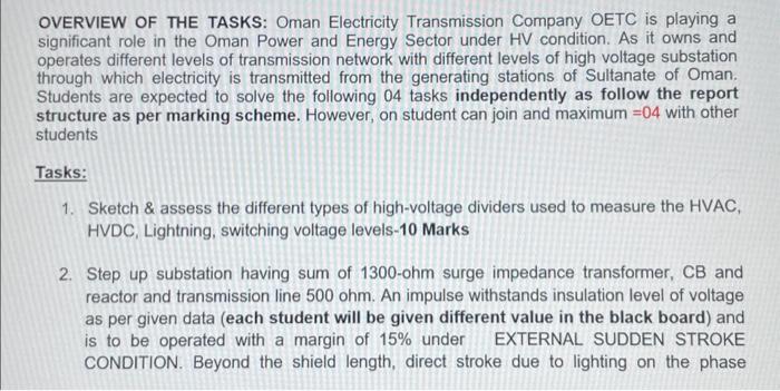 OVERVIEW OF THE TASKS: Oman Electricity Transmission | Chegg.com