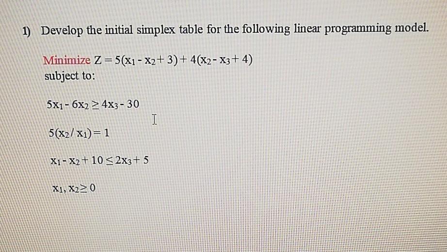 Solved 1) Develop the initial simplex table for the | Chegg.com