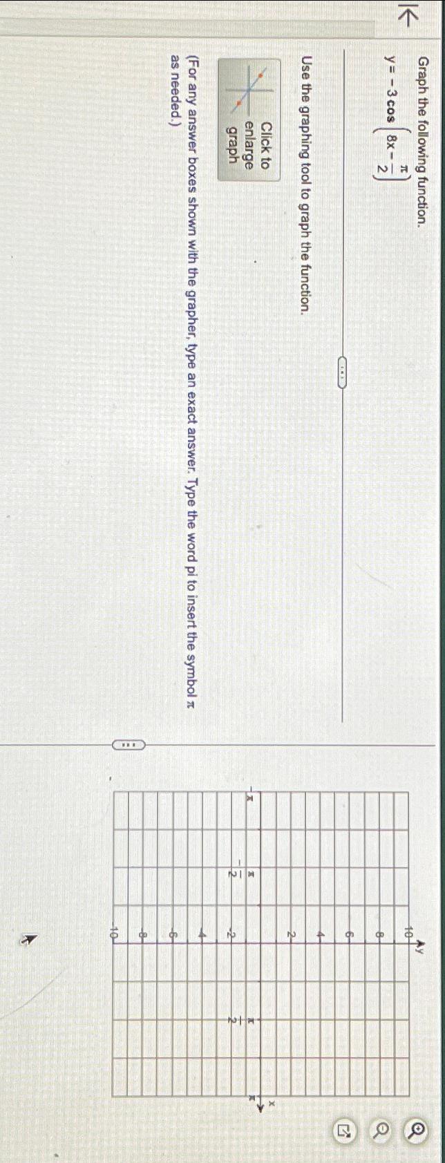 Solved Q23.Graph the following function.y=-3cos(8x-π2)Use | Chegg.com