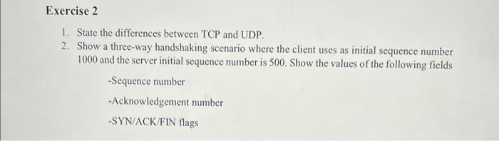 Solved 1. State the differences between TCP and UDP. 2. Show | Chegg.com