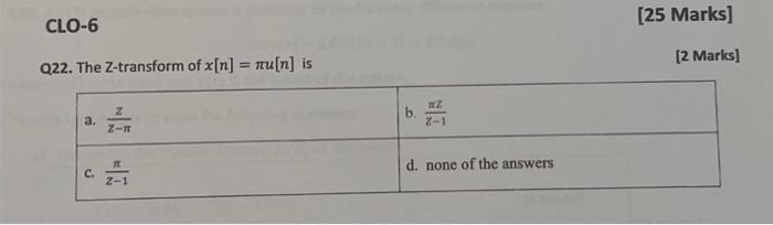 Solved CLO-6 [25 Marks] Q22. The Z-transform of x[n]=πu[n] | Chegg.com