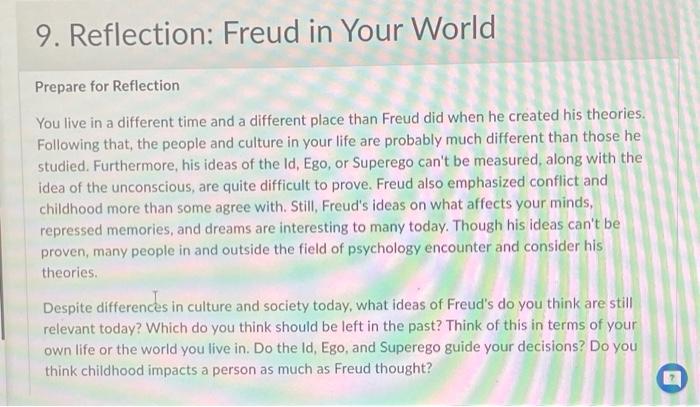 Solved 9. Reflection: Freud in Your World Prepare for | Chegg.com