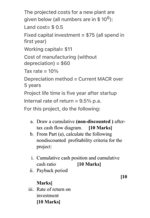 Solved The projected costs for a new plant are given below | Chegg.com