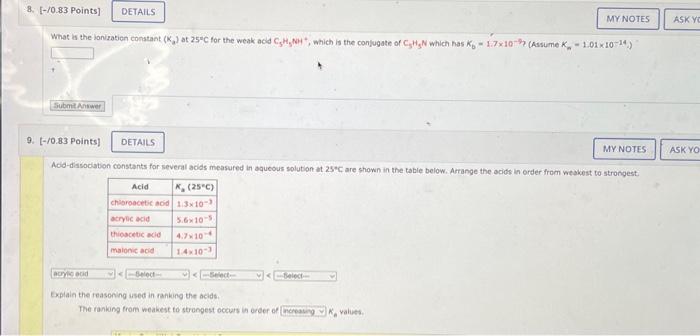 Solved 10.83 Points] Acid-diasodrtion constants for several | Chegg.com