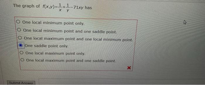Solved graph of f(x,y)=x1+y1−71xy has One local minimum | Chegg.com