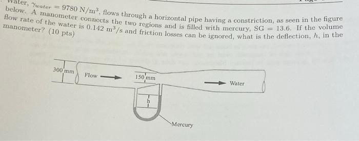 Solved ater, Ywater = 9780 N/m, flows through a horizontal | Chegg.com