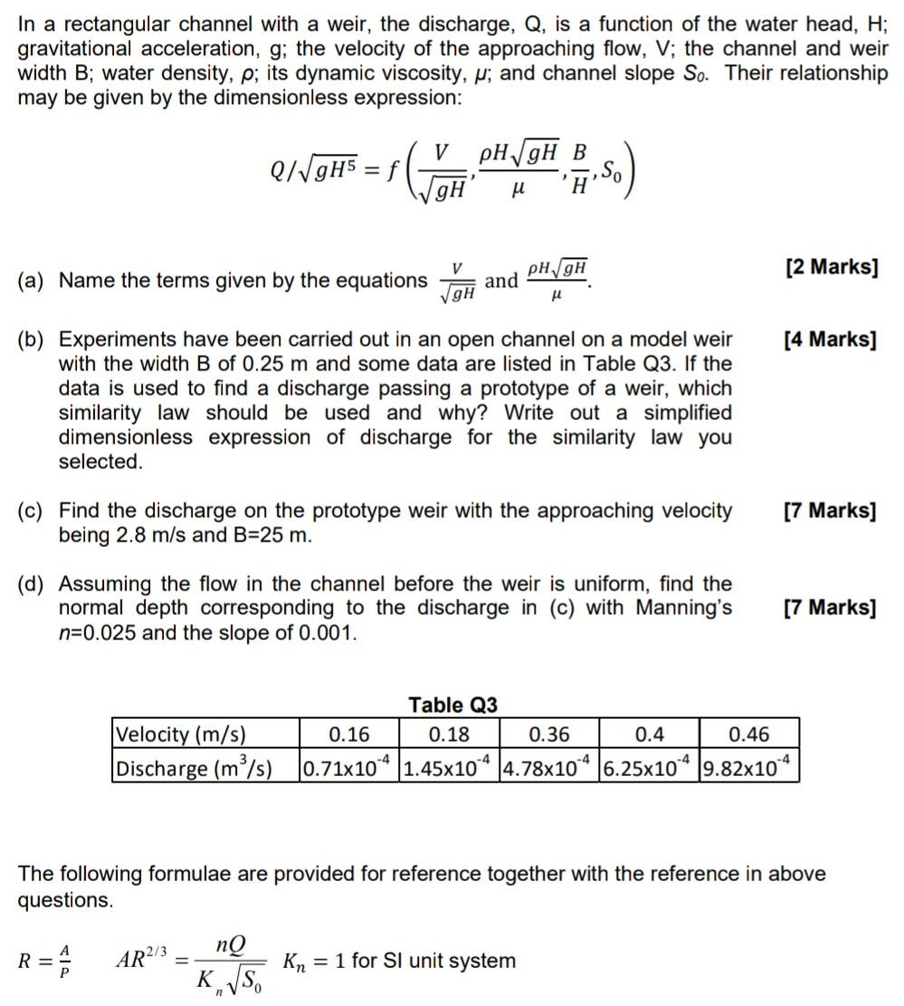 Solved In a rectangular channel with a weir, the discharge, | Chegg.com