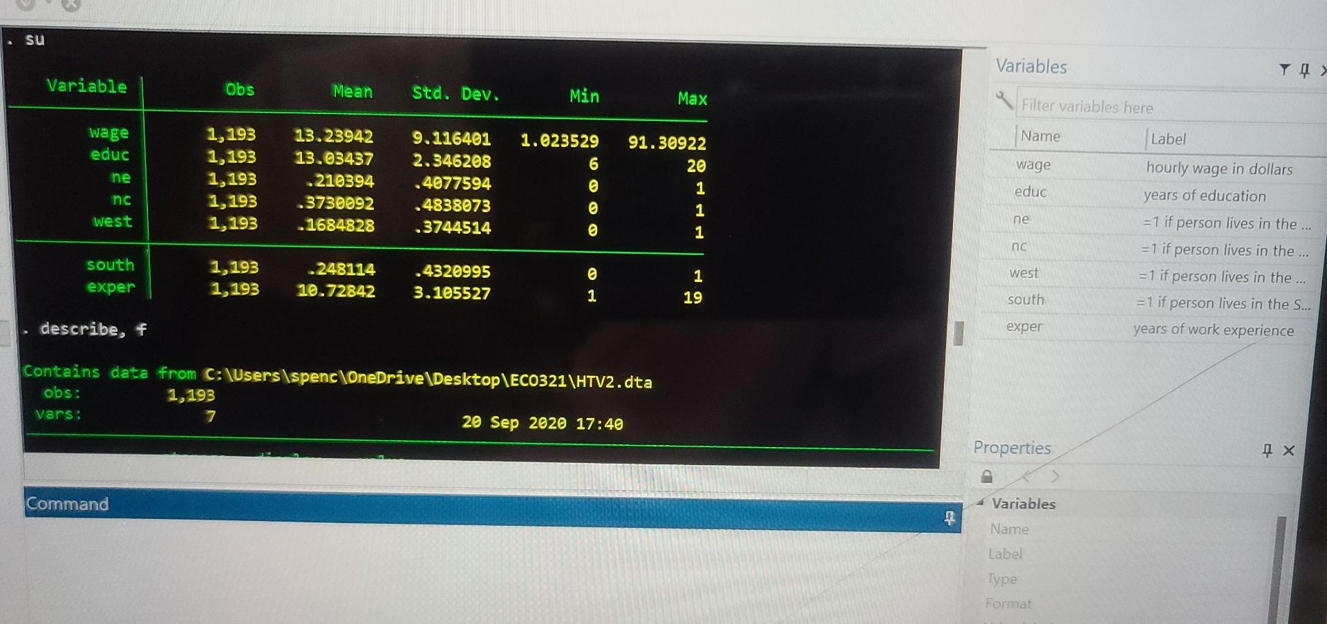 su Variables Y> Variable Obs Mean Std. Dev. Min Max | Chegg.com