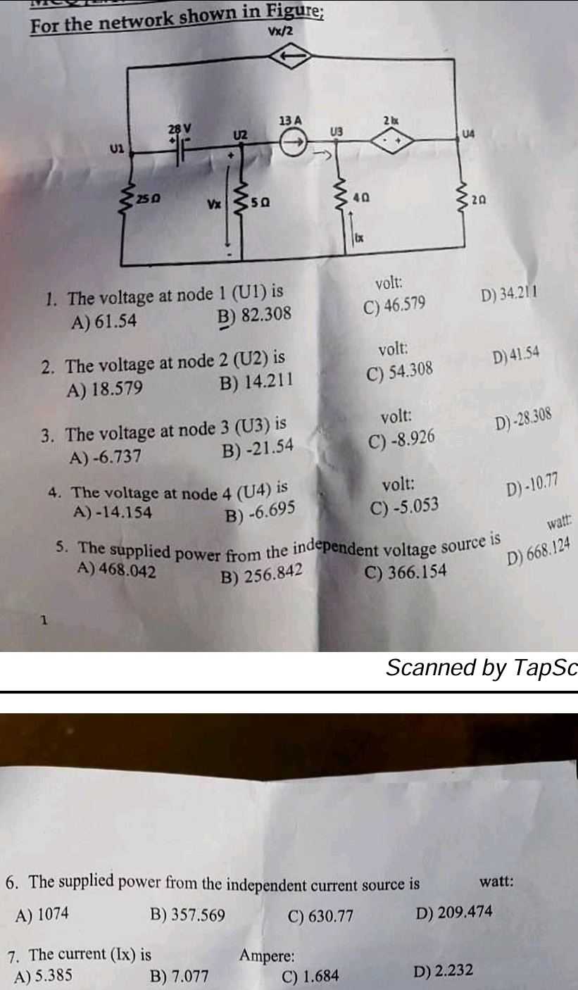 Solved For the network shown in Figure;The voltage at node | Chegg.com