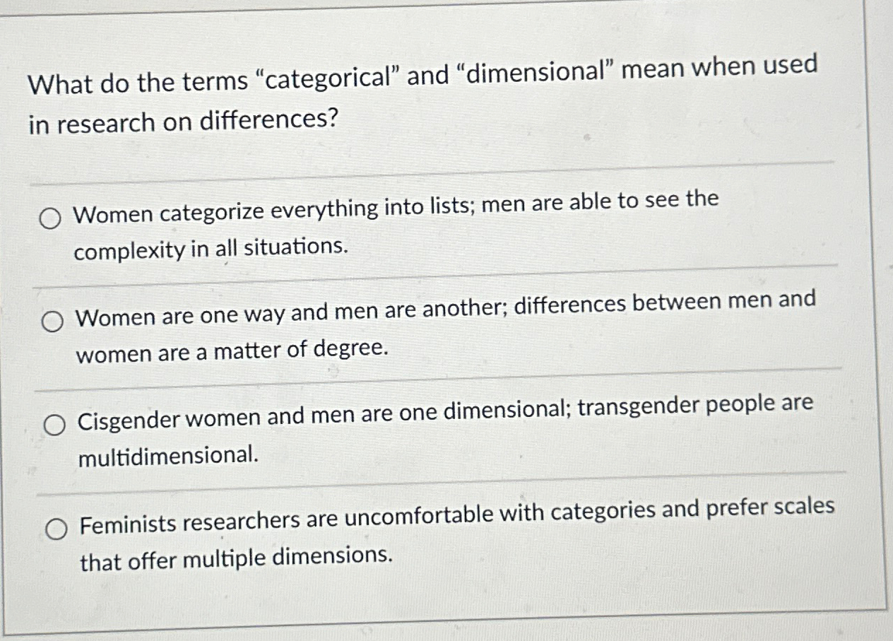 Solved What do the terms "categorical" and "dimensional" | Chegg.com