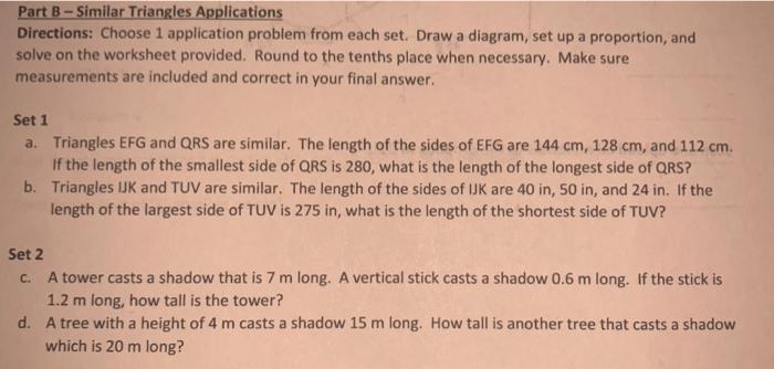 Solved Part B - Similar Triangles Applications Directions: | Chegg.com