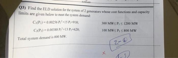 Solved Q3) Find the ELD solution for the system of 2 | Chegg.com