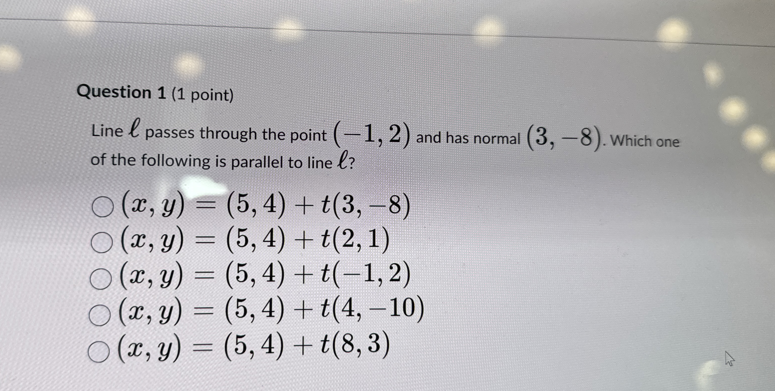 Solved Question 1 (1 ﻿point)Line l ﻿passes through the point | Chegg.com