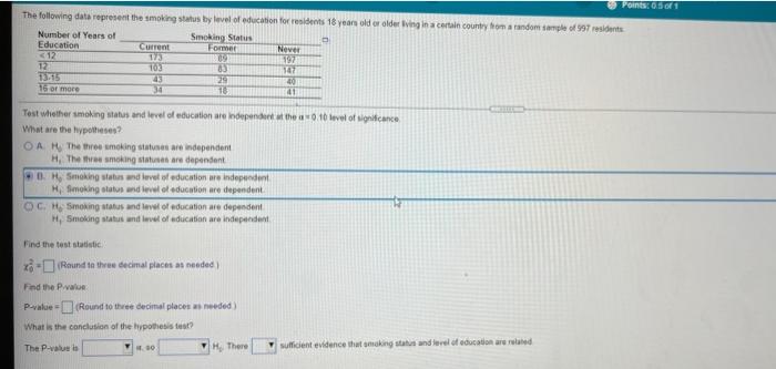 Solved Points: 050 The following data represent the smoking | Chegg.com