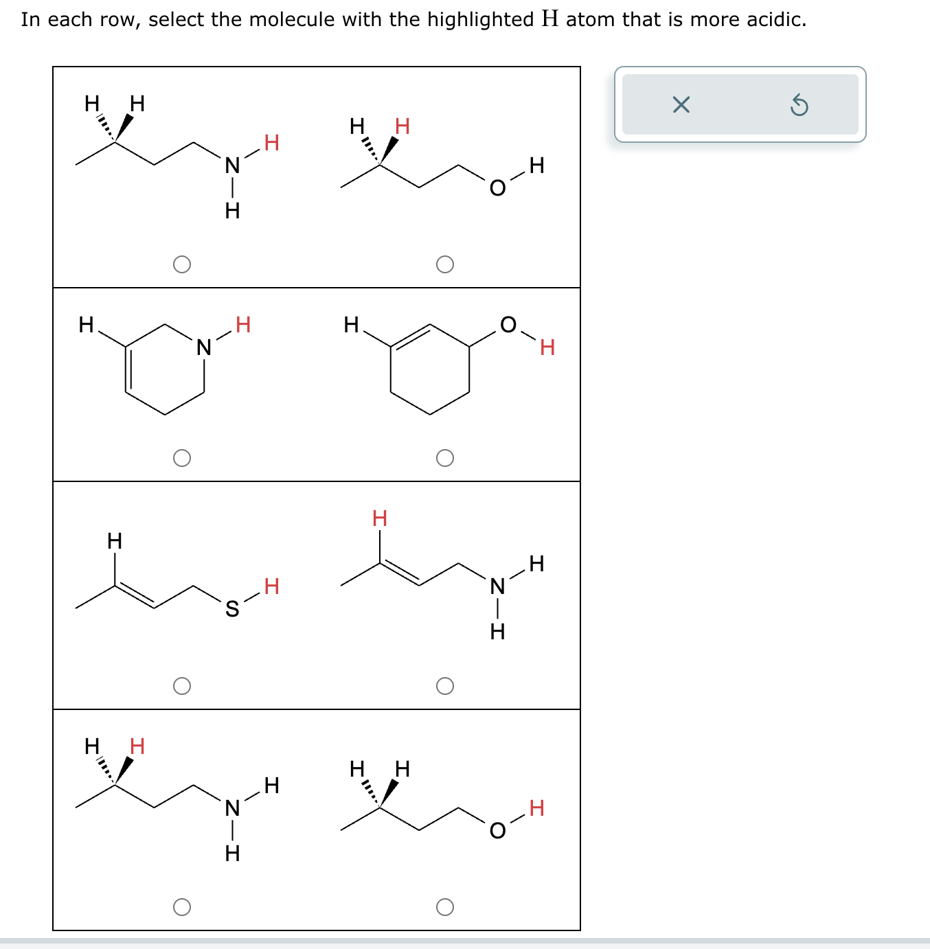 Solved In each row, select the molecule with the highlighted | Chegg.com