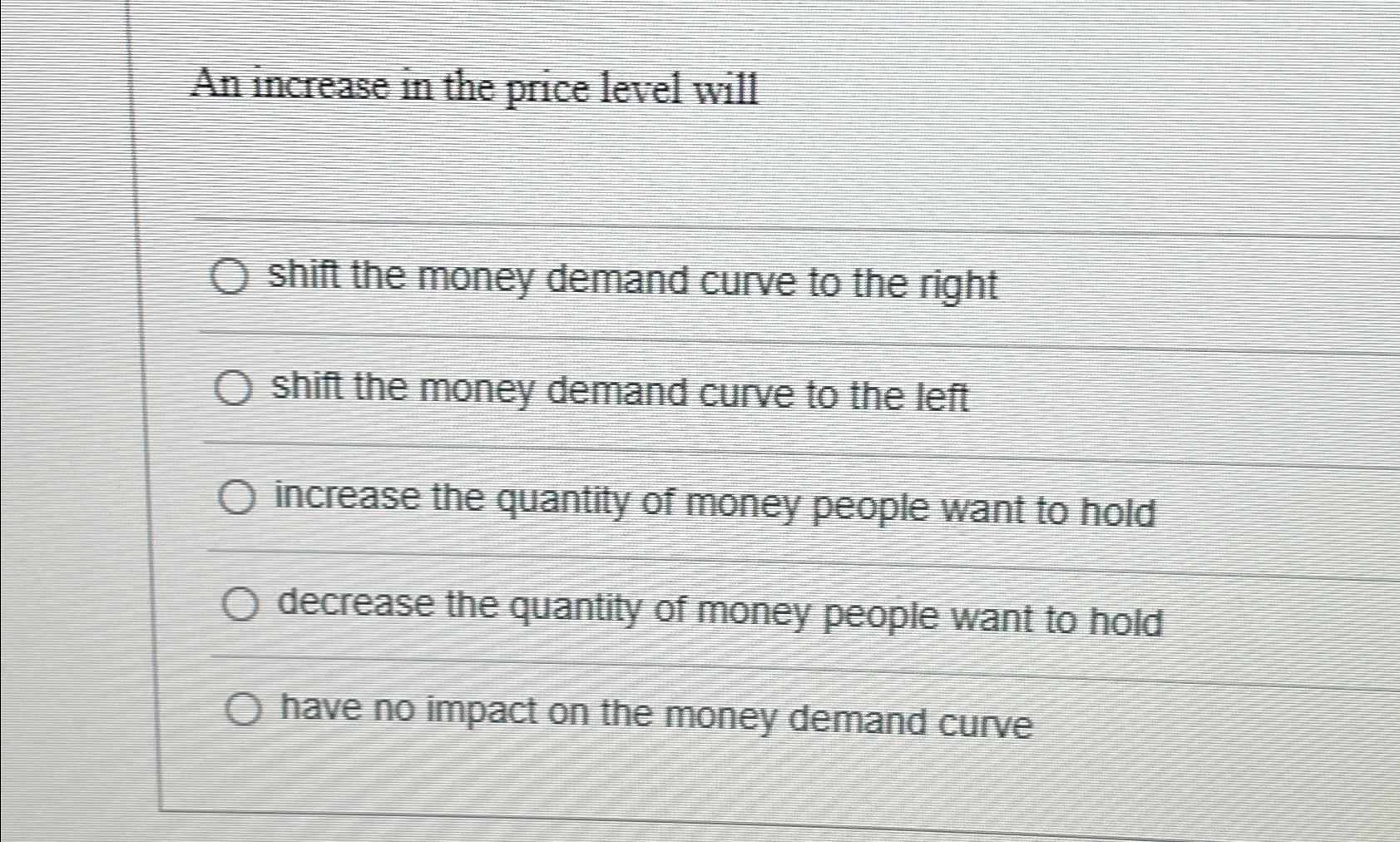 Solved An increase in the price level willshift the money | Chegg.com