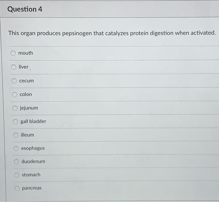 Solved Question 4 This organ produces pepsinogen that | Chegg.com