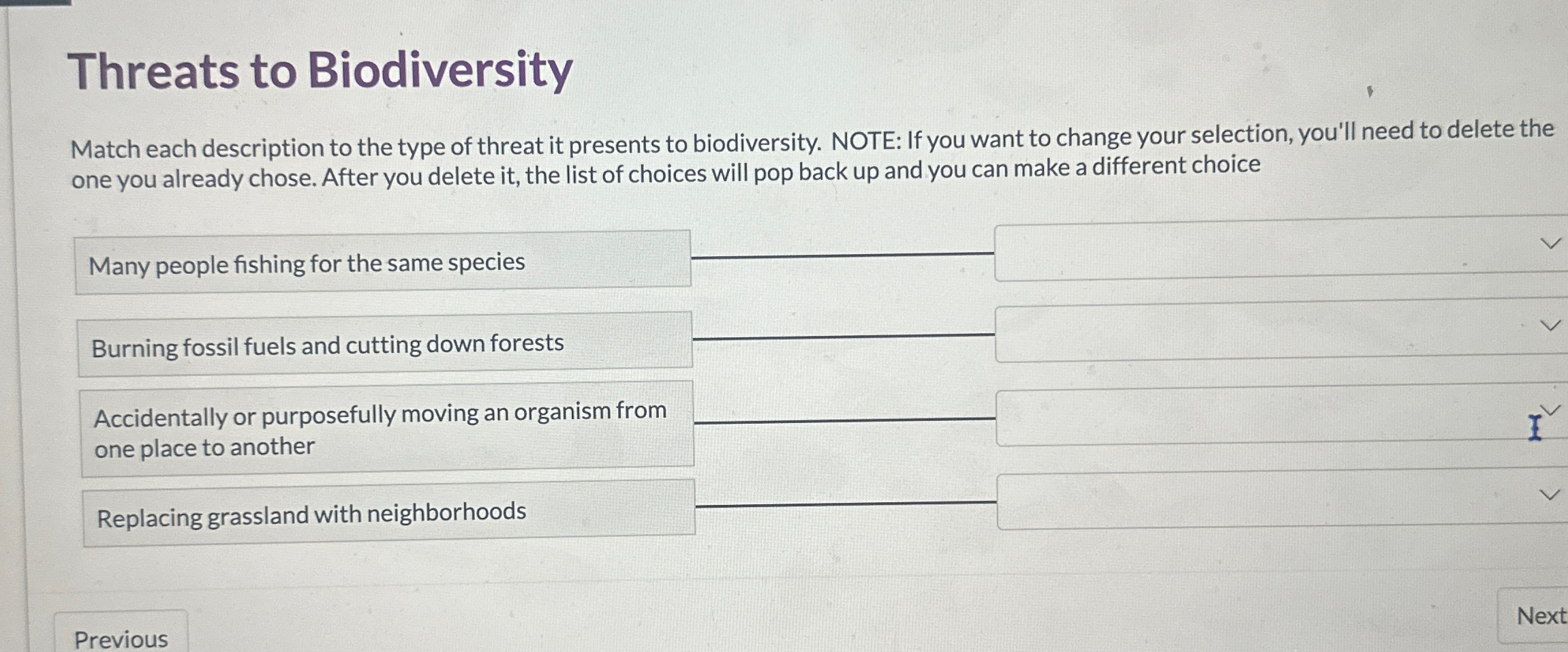 Solved Threats to BiodiversityMatch each description to the | Chegg.com