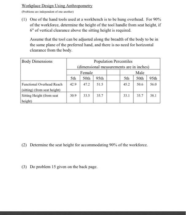 Workplace Design Using Anthropometry (Problems are | Chegg.com