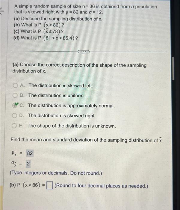 Solved A simple random sample of size n=36 is obtained from | Chegg.com