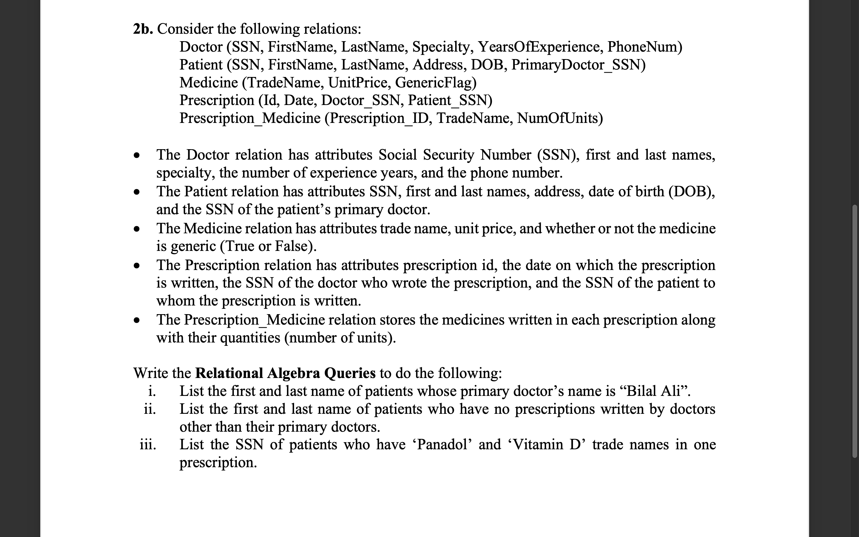 Solved 2b. ﻿Consider the following relations:Doctor (SSN, | Chegg.com