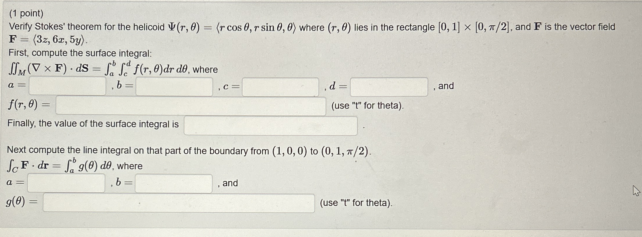 Solved (1 ﻿point)Verify Stokes' theorem for the helicoid | Chegg.com