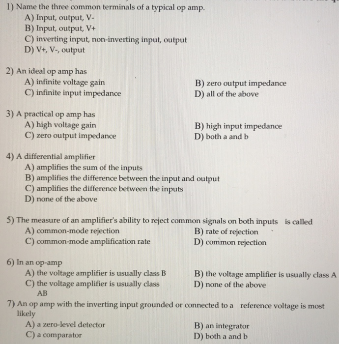 Solved 1) Name the three common terminals of a typical op | Chegg.com