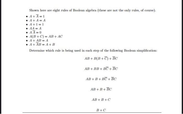 Solved Shown here are eight rules of Boolean algebra (these | Chegg.com