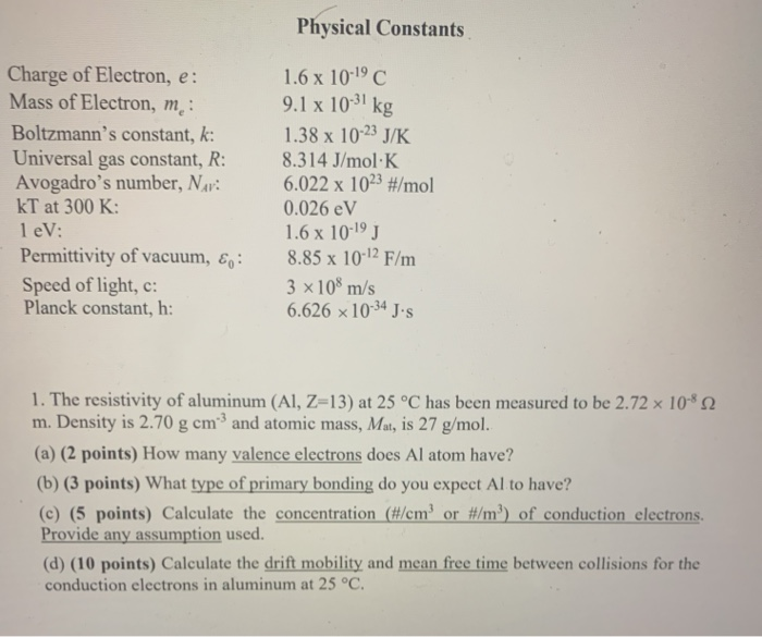 Solved Physical Constants Charge of Electron, e: Mass of | Chegg.com