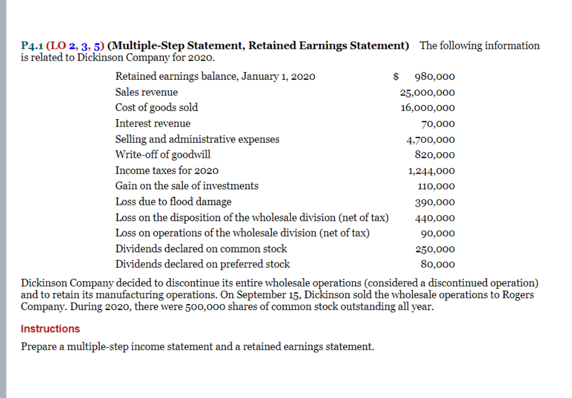 Solved P4.1 (LO 2, 3, 5) (Multiple-Step Statement, Retained | Chegg.com