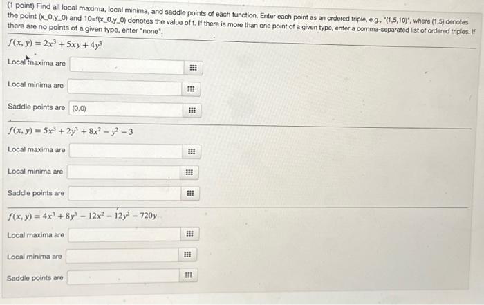 Solved (1 point) Find all local maxima, local minima, and | Chegg.com