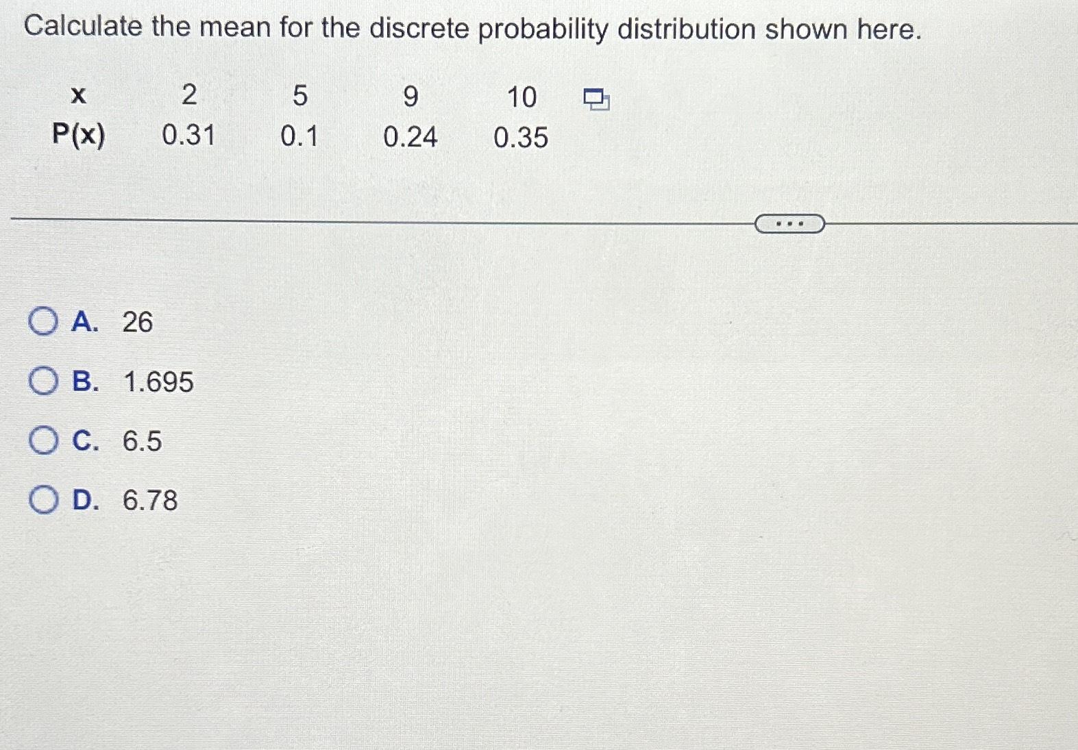 Solved Calculate the mean for the discrete probability | Chegg.com