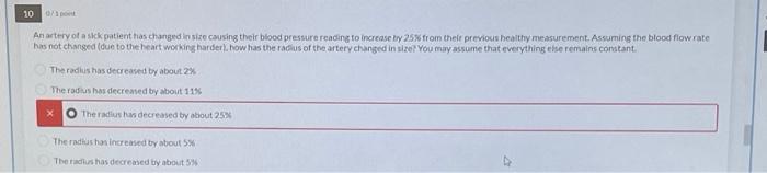 Solved 10 0/1 pont An artery of a sick patient has changed | Chegg.com