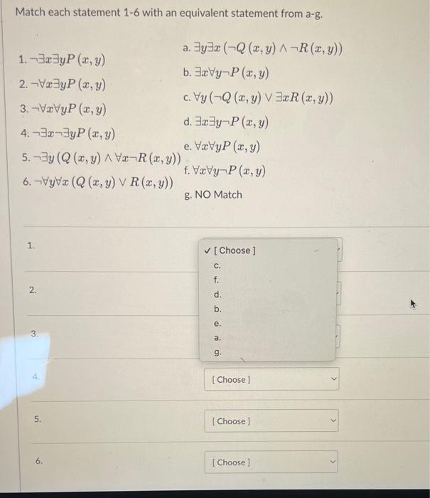 Solved Match each statement 1-6 with an equivalent statement | Chegg.com