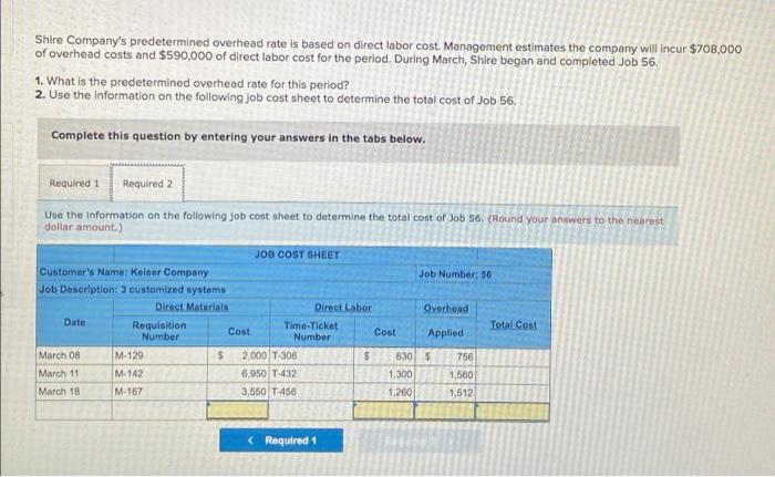 Solved Shire Company's predetermined overhead rate is based | Chegg.com
