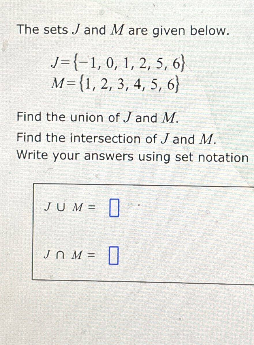 Solved The sets J ﻿and M ﻿are given | Chegg.com