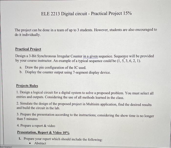 Solved ELE 2213 Digital circuit - Practical Project 15\% The | Chegg.com