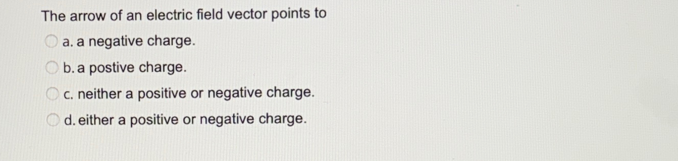 Solved The arrow of an electric field vector points toa. ﻿a | Chegg.com