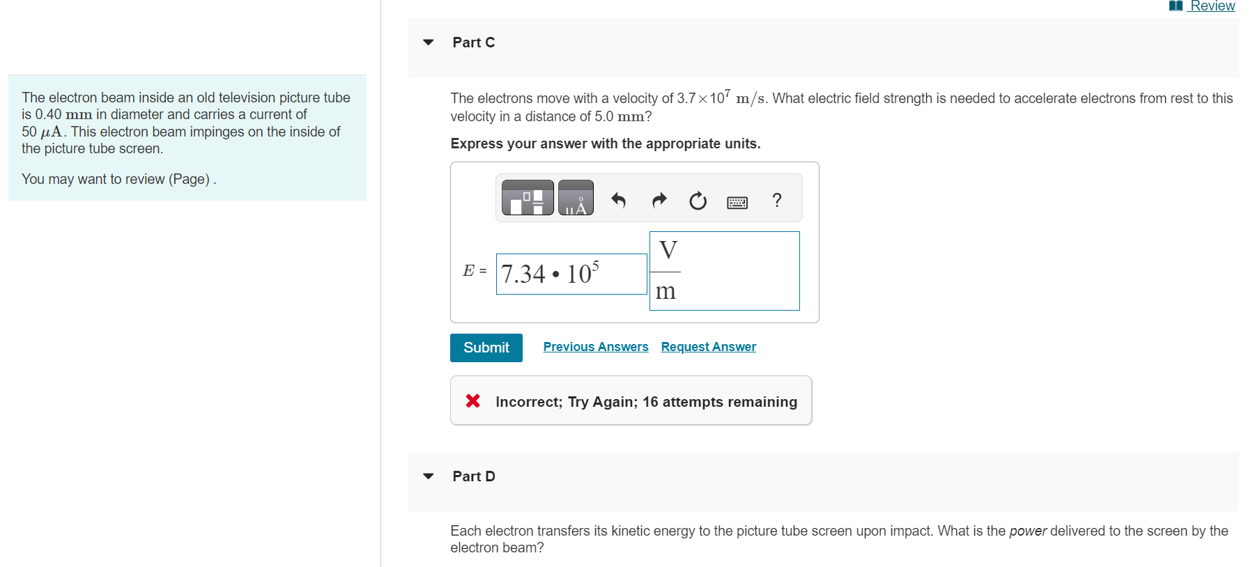 Solved part c & d please Part CThe electron beam inside an | Chegg.com
