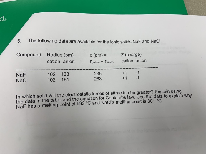 Solved 5. The following data are available for the ionic | Chegg.com