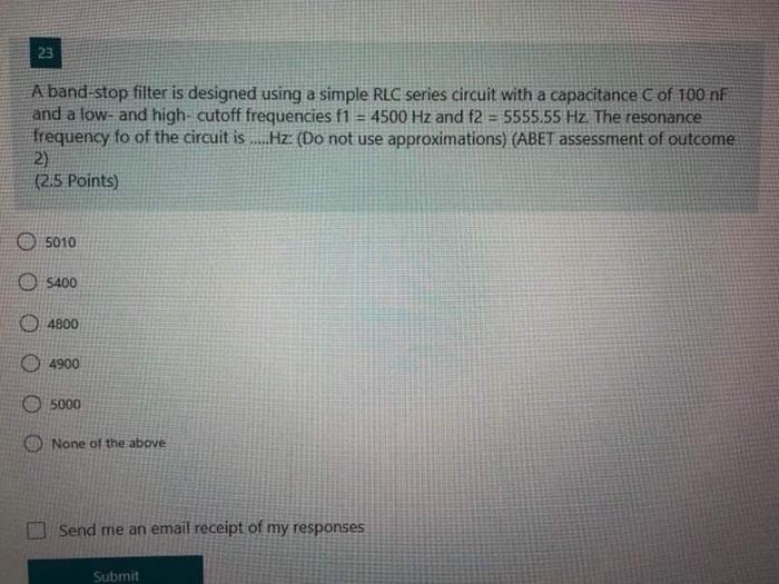 Solved 23 A band-stop filter is designed using a simple RLC | Chegg.com