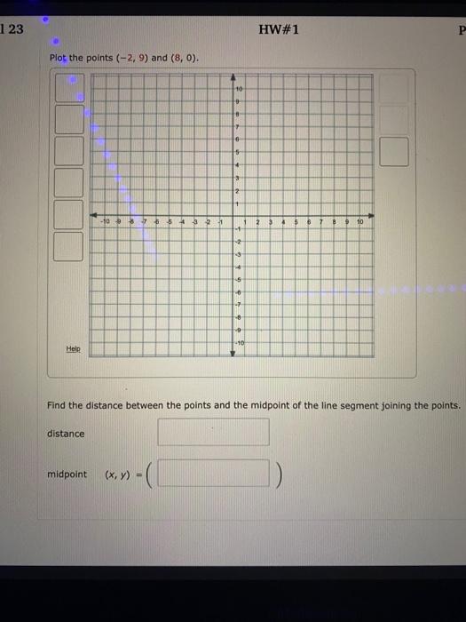 Solved 123 Plot the points (-2, 9) and (8, 0). Help -10 -9 | Chegg.com