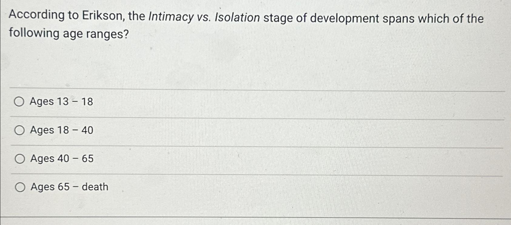 Solved According to Erikson, the Intimacy vs. ﻿Isolation | Chegg.com
