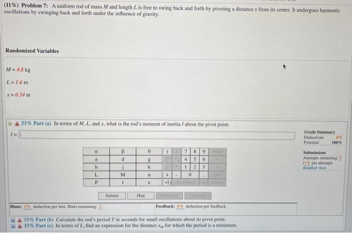 Solved (11\%) Problem 7: A uniform rod of mass M and length | Chegg.com