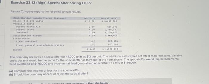 Solved Exercise 23-13 (Algo) Special offer pricing LO P7 | Chegg.com