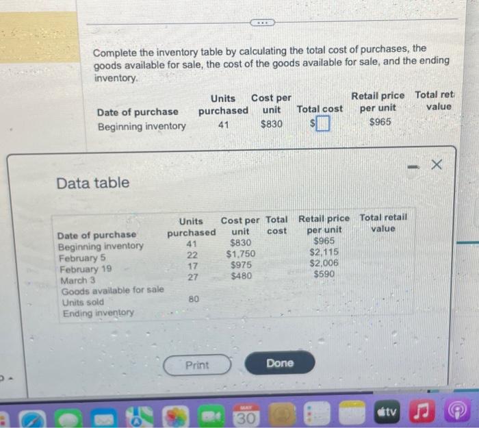 Solved Complete the inventory table by calculating the total | Chegg.com