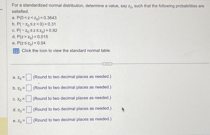 Solved For a standardized normal distribution, determine a | Chegg.com