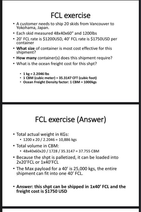 Solved FCL (Full Container Load) cargo volume Container Type | Chegg.com